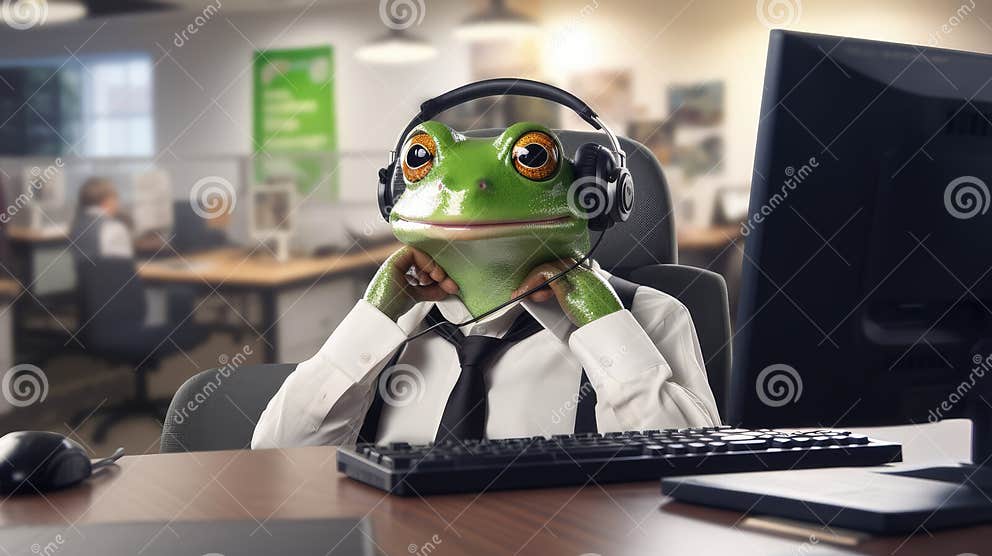Operator Frog in Headphones with Microphone Working in Office Stock ...