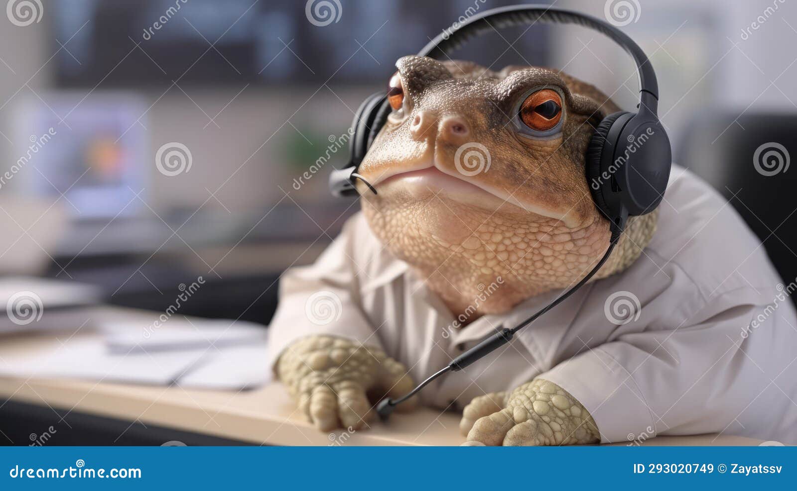 Operator Frog in Headphones with Microphone Working in Office Stock ...