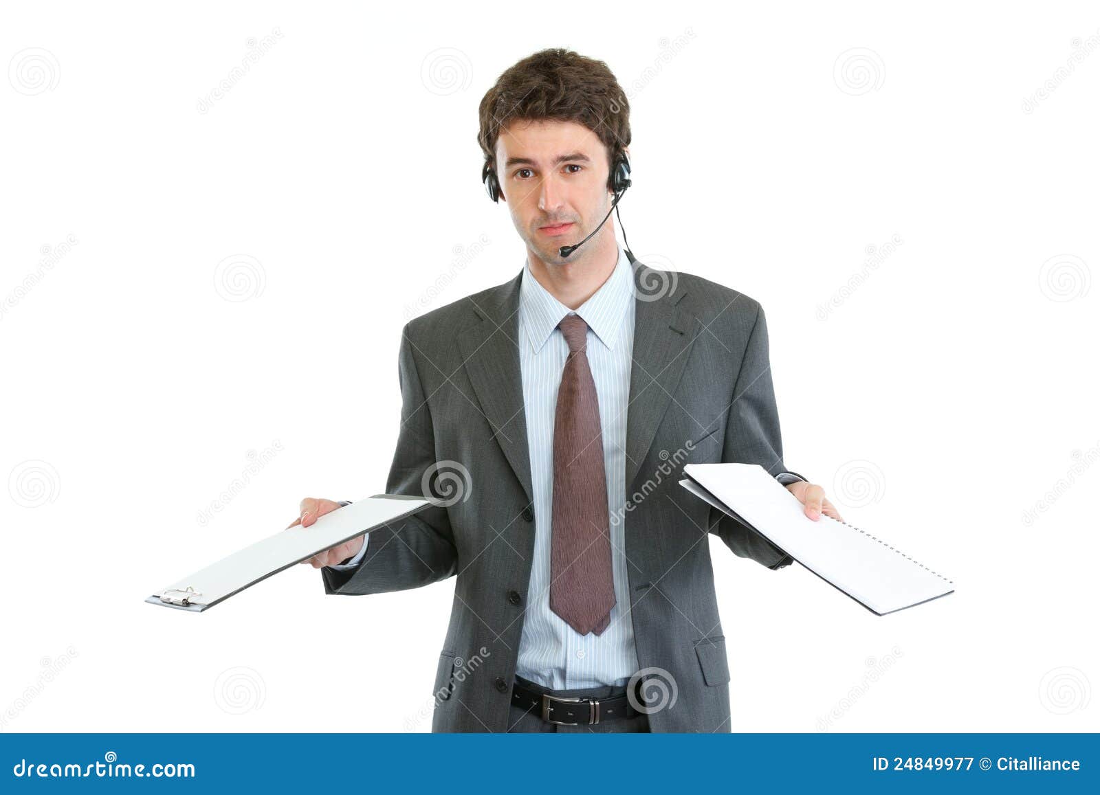 Operator with Headset Confused in Pile Documents Stock Image - Image of ...