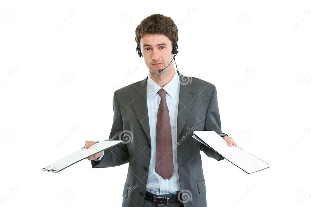 Operator with Headset Confused in Pile Documents Stock Image - Image of ...
