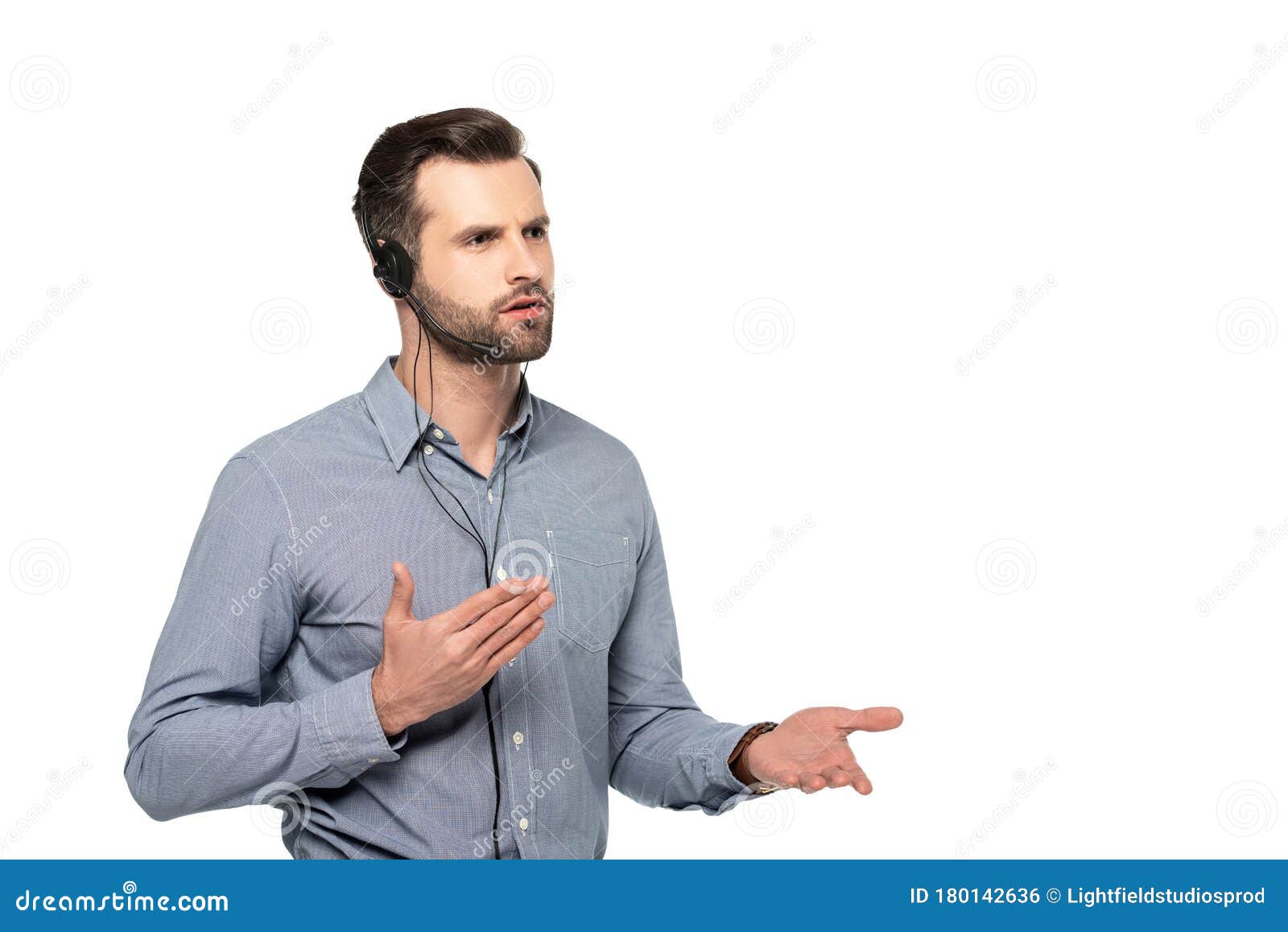 Operator in Headset Talking and Gesturing Isolated on White Stock Photo ...