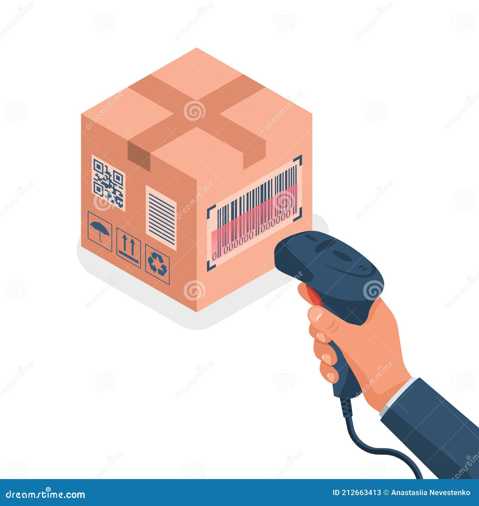 The Operator Holds A Barcode Scanner Hand Vector Isometric ...