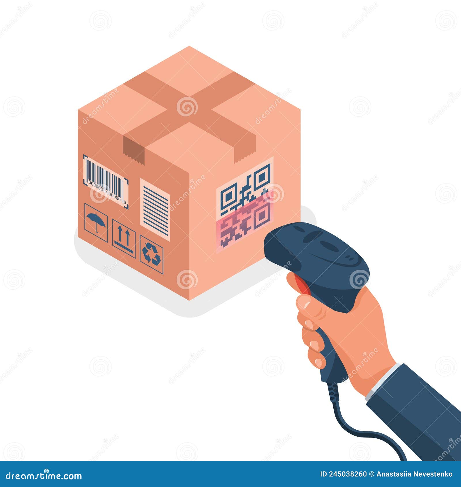 The Operator Holds A Barcode Scanner Hand Vector Isometric ...
