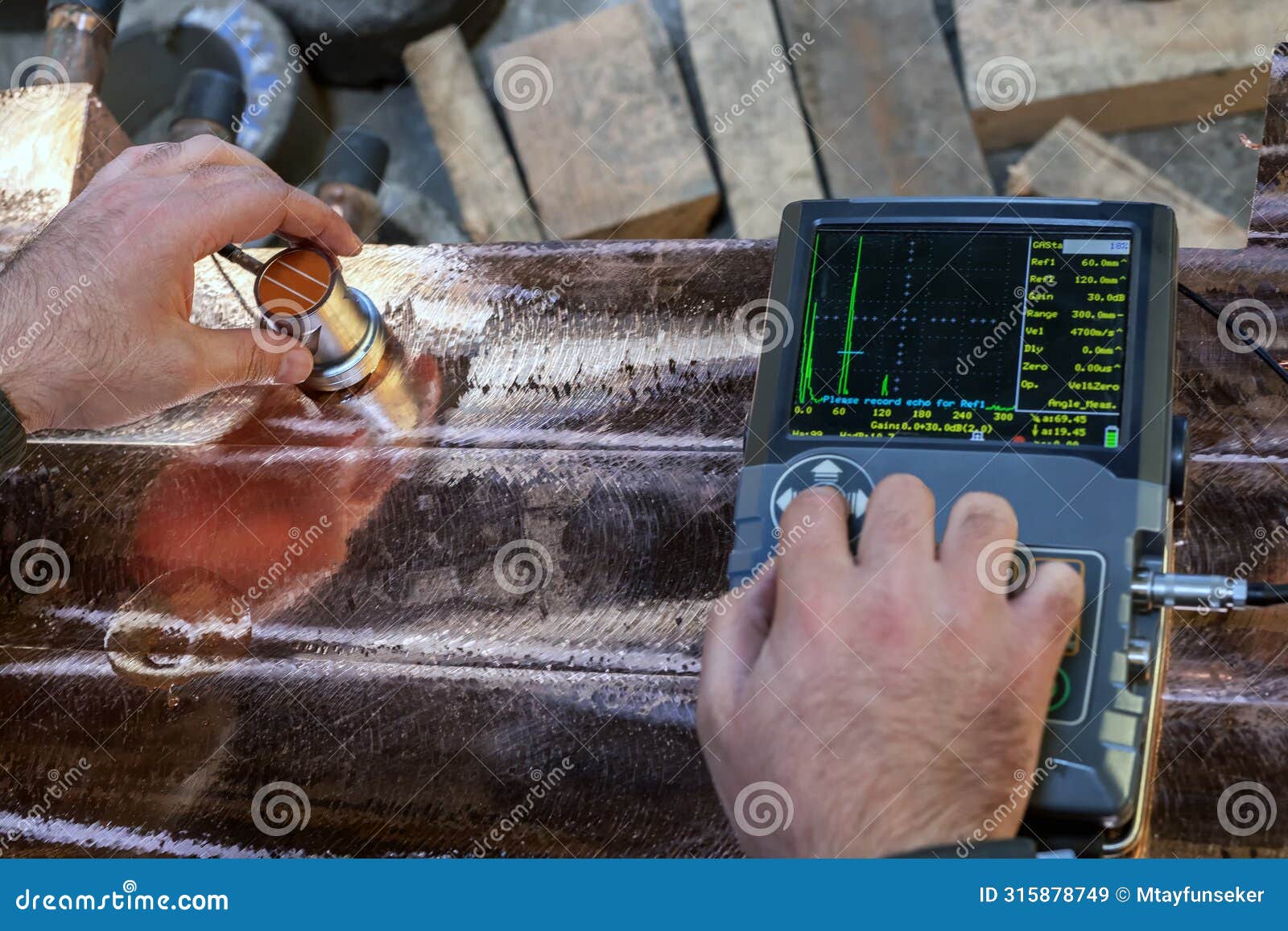 Operator Performs Ultrasonic Inspection on Copper Casting. Ultrasonic ...