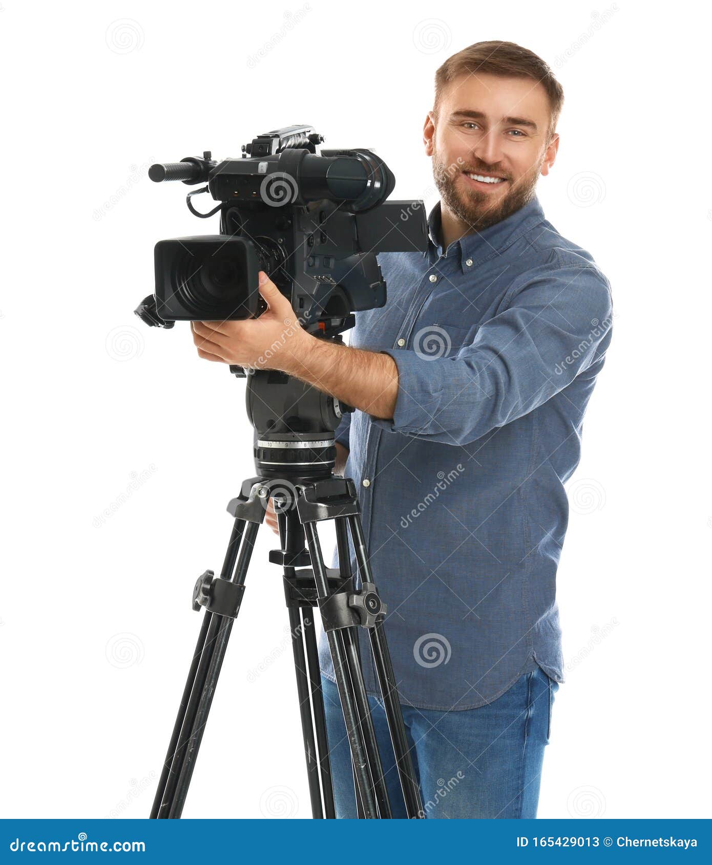 Operator with Professional Video Camera on White Background Stock Image ...