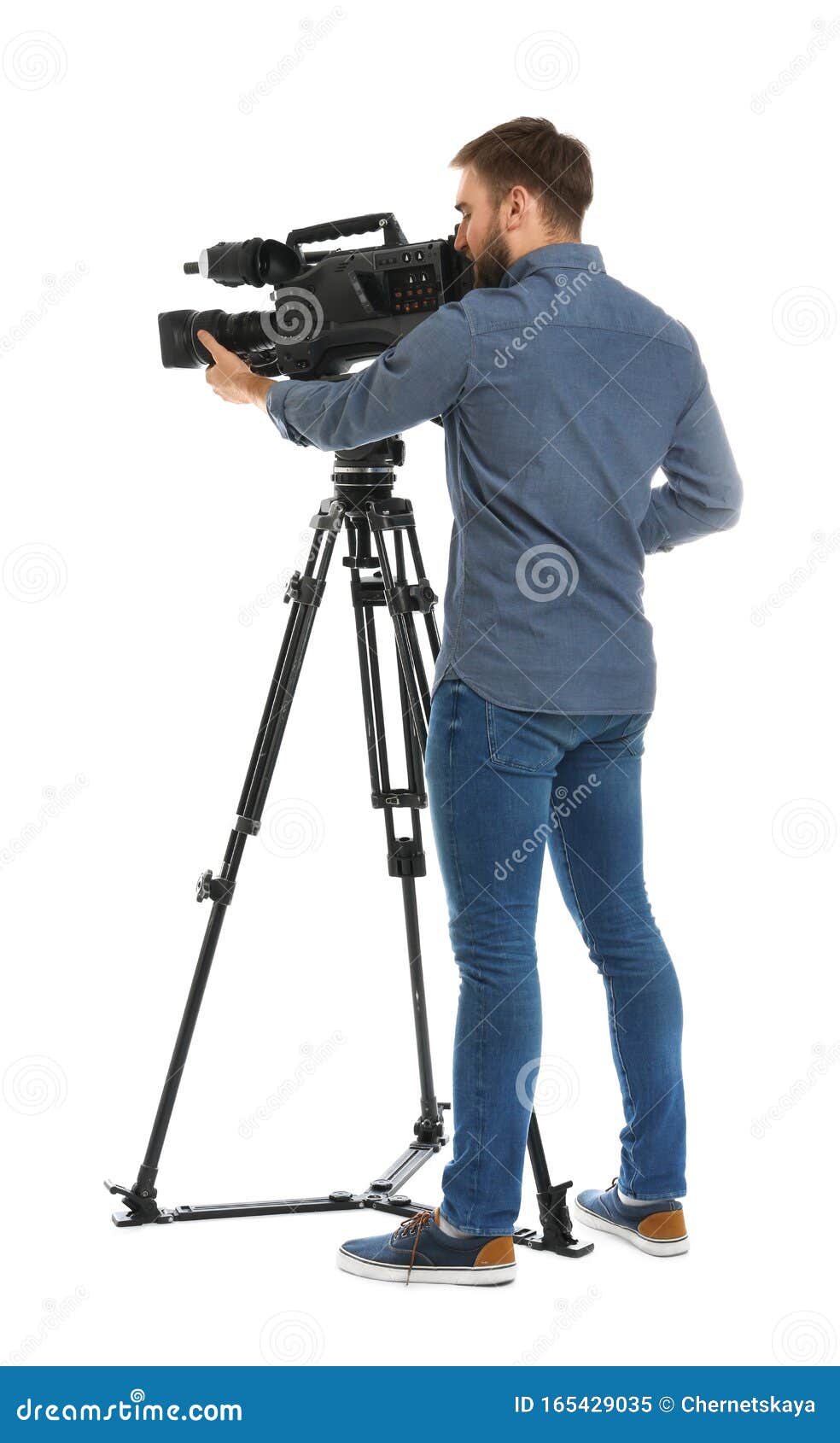 Operator with Professional Video Camera on White Background Stock Image ...