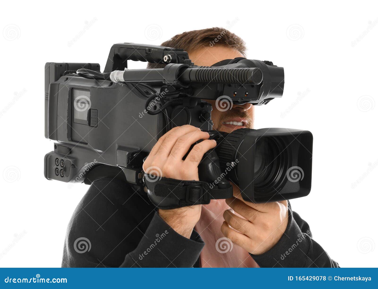 Operator with Professional Video Camera on White Background Stock Photo ...