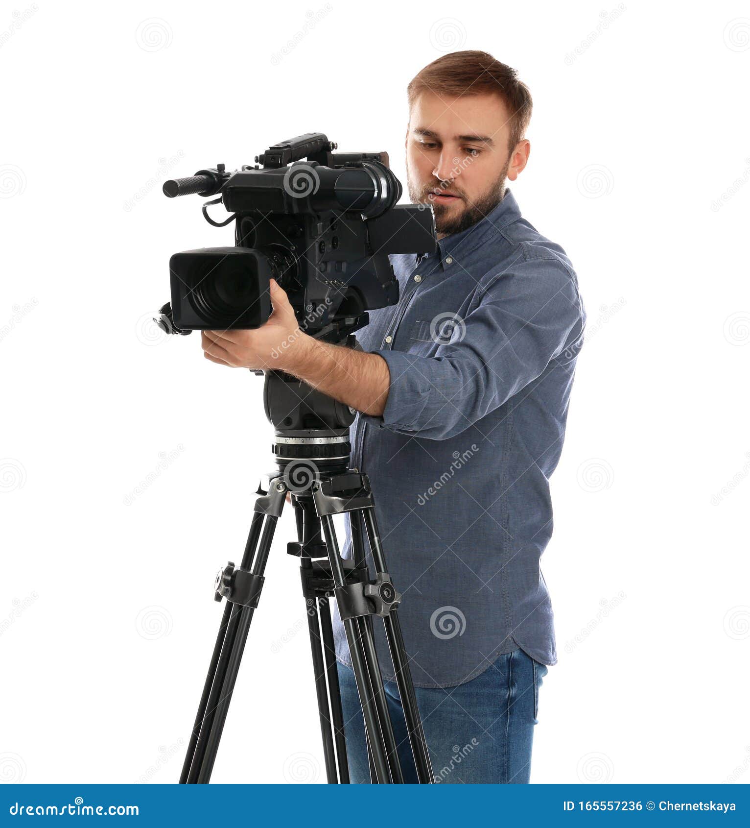 Operator with Professional Video Camera on White Background Stock Photo ...
