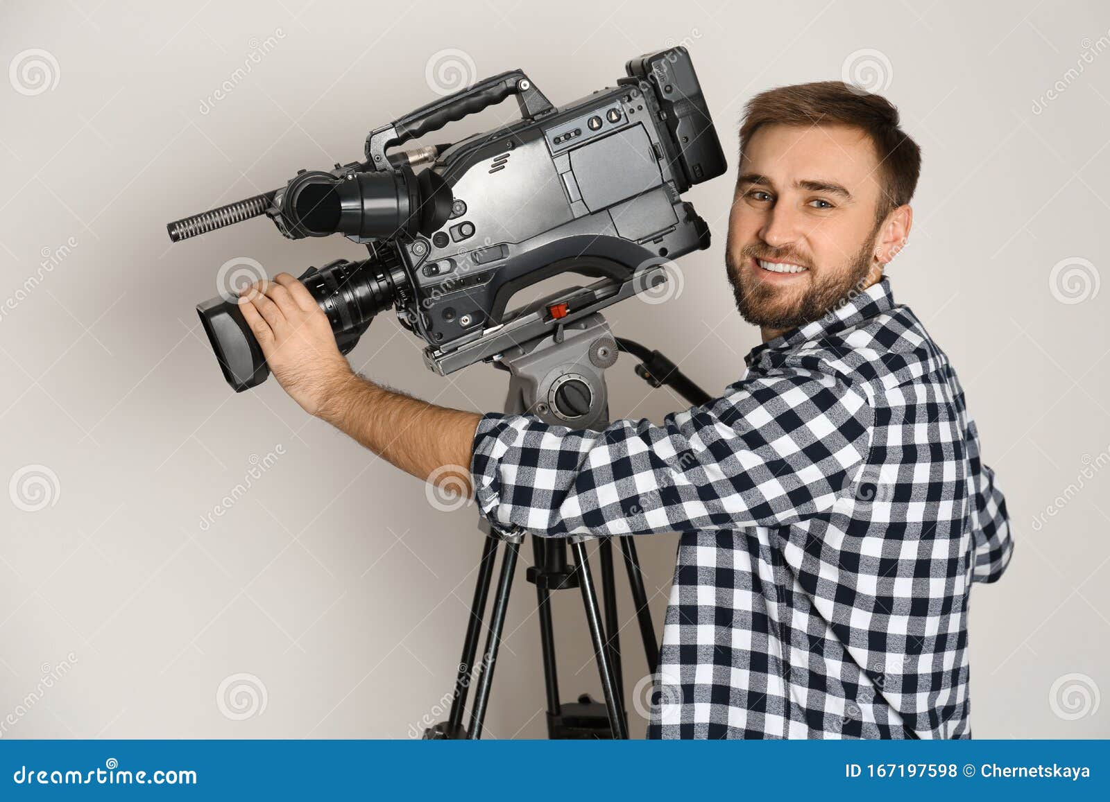 Operator with Professional Video Camera on Background Stock Photo ...