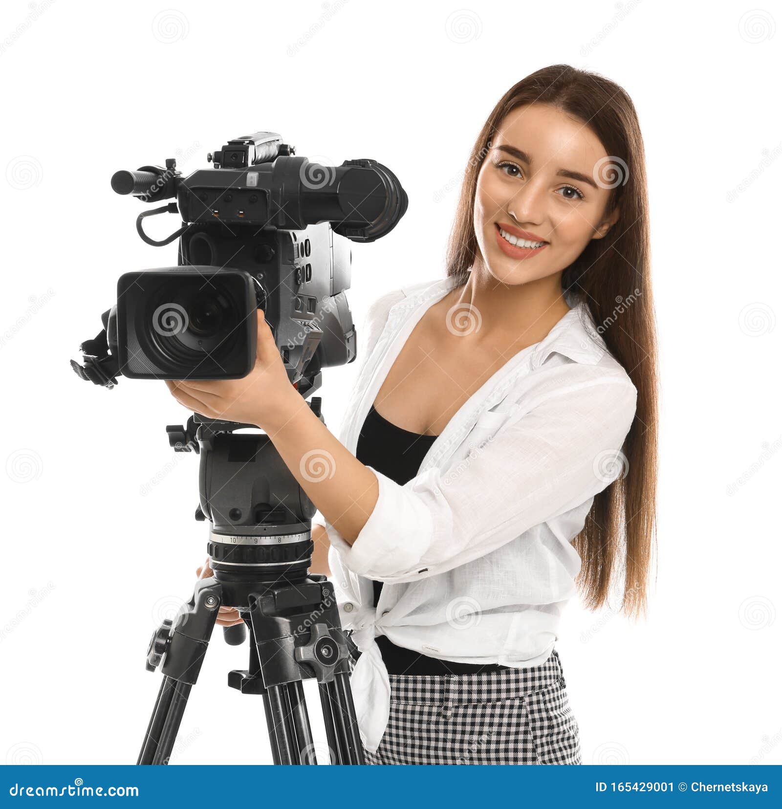 Operator with Professional Video Camera on White Background Stock Image ...