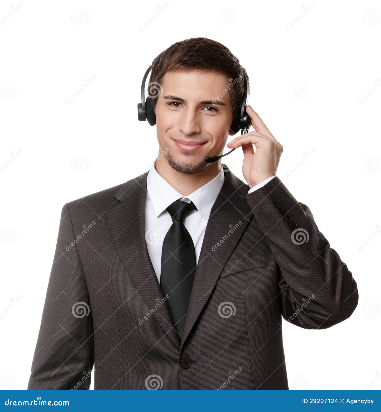 Operator Puts Earphones with Mic Stock Photo - Image of brown ...