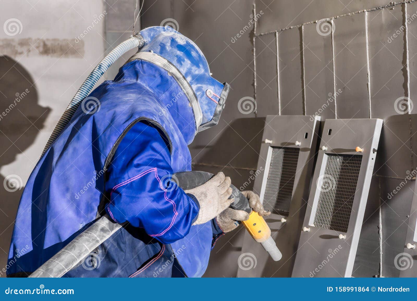 The Operator of the Sandblasting Machine is Ready To Go. the Worker is ...