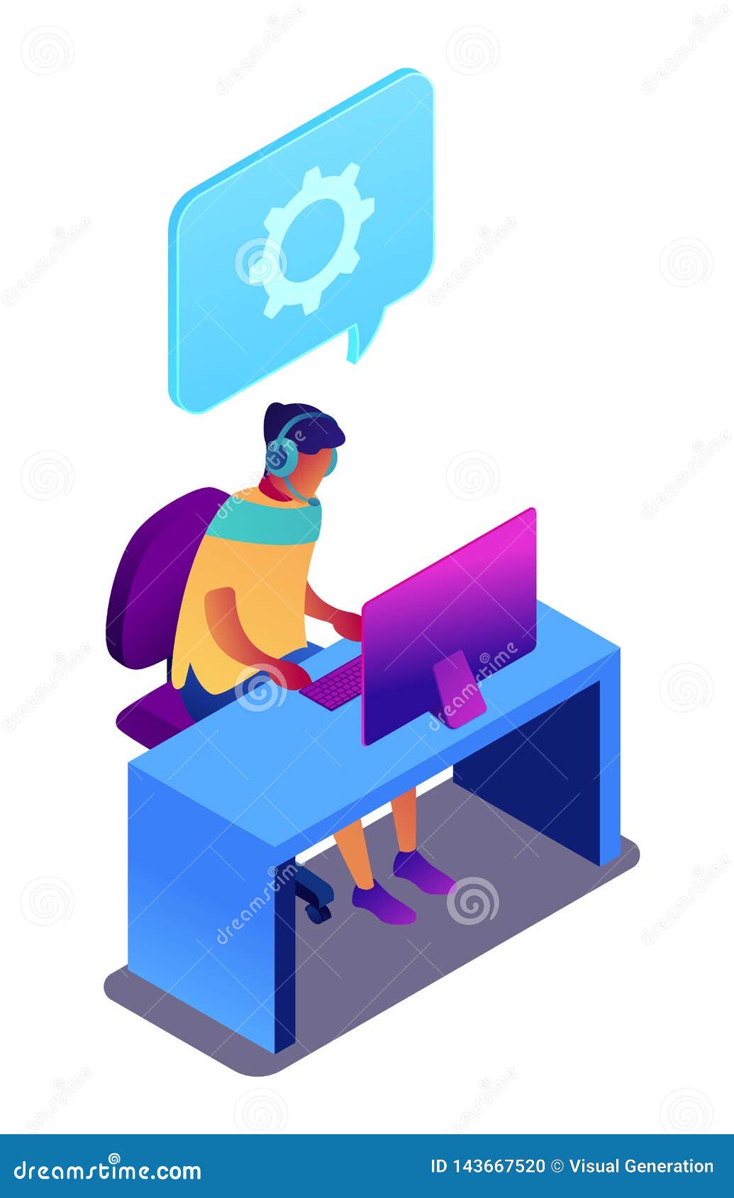 Operator of Technical Support Working on Computer Isometric 3D ...