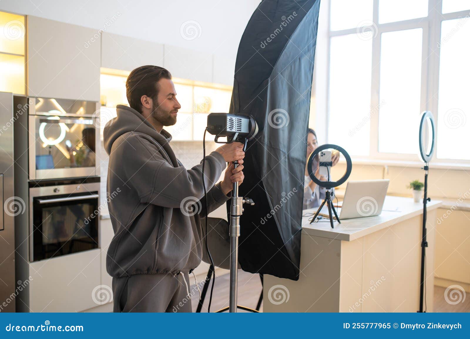 Operator and a Vlogger Preparing for Creating a Vlog Stock Image ...