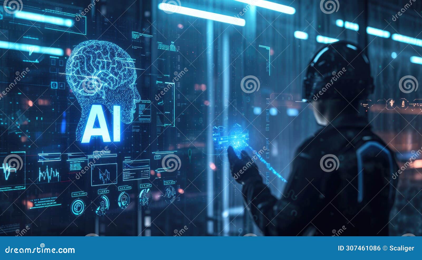 Operator Works with Artificial Intelligence Control Panel in Dark Room ...