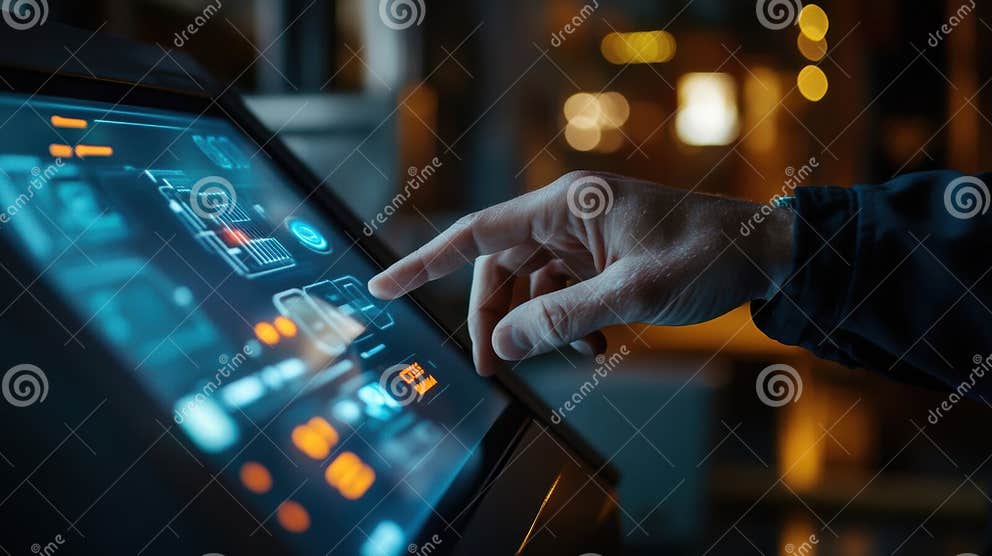 An Operators Hand Tapping a Touchscreen Interface with Vivid ...