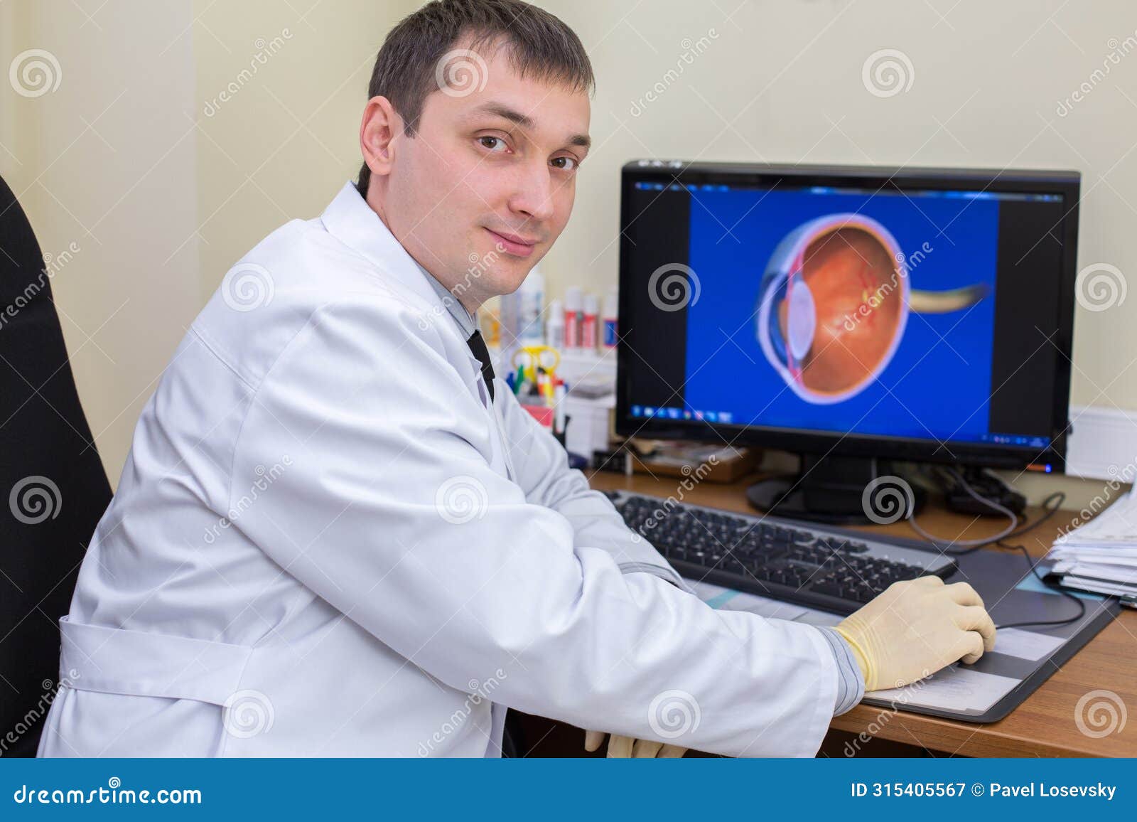 Ophthalmologist at Work Behind a Computer Stock Image - Image of coat ...