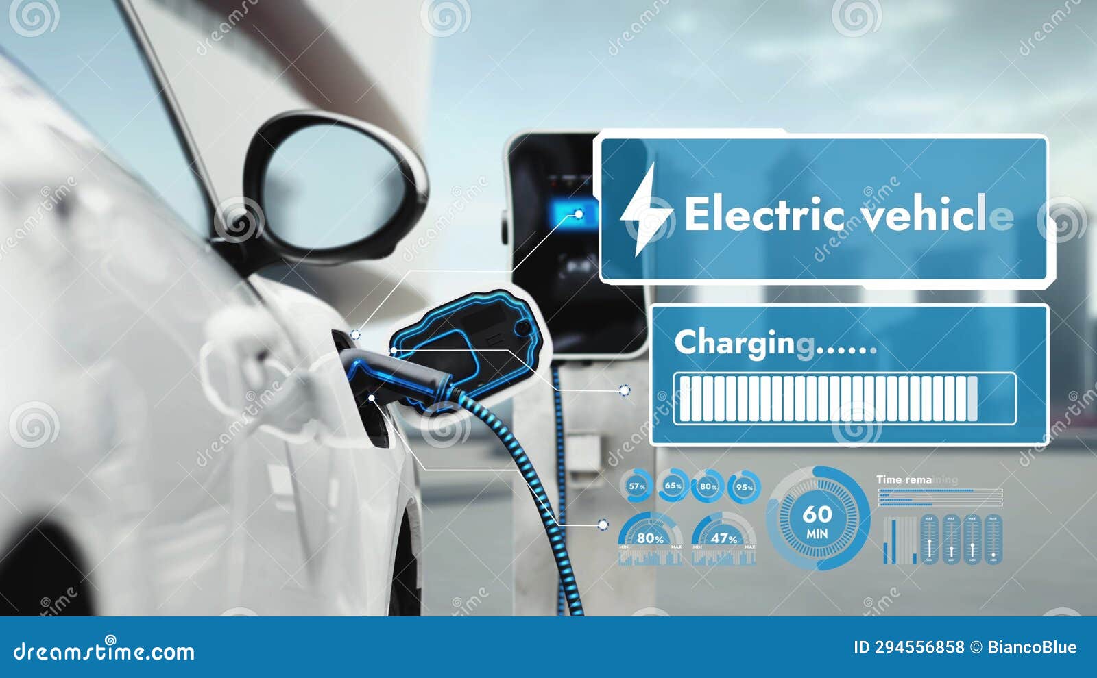 Opladen Van Elektrische Auto S In Oplaadstation Met Toekomstig Gebouw