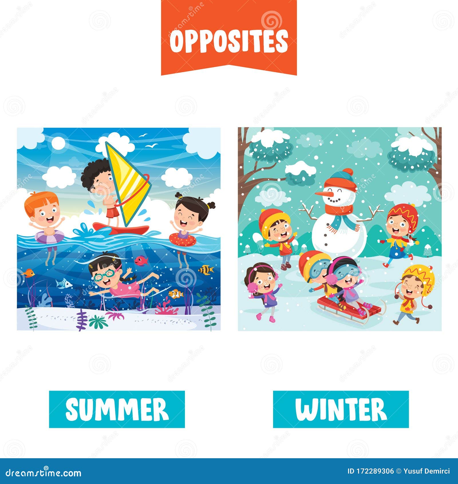 Opposite Adjectives With Cartoon Drawings Vector Illustration ...