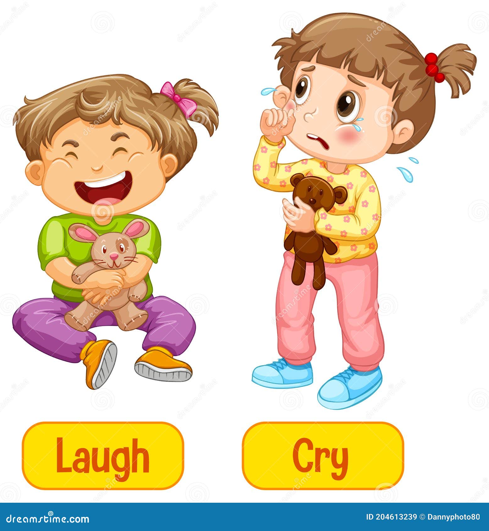 Words Cry And Laugh Flashcard With Cartoon Animal Characters. Opposite ...