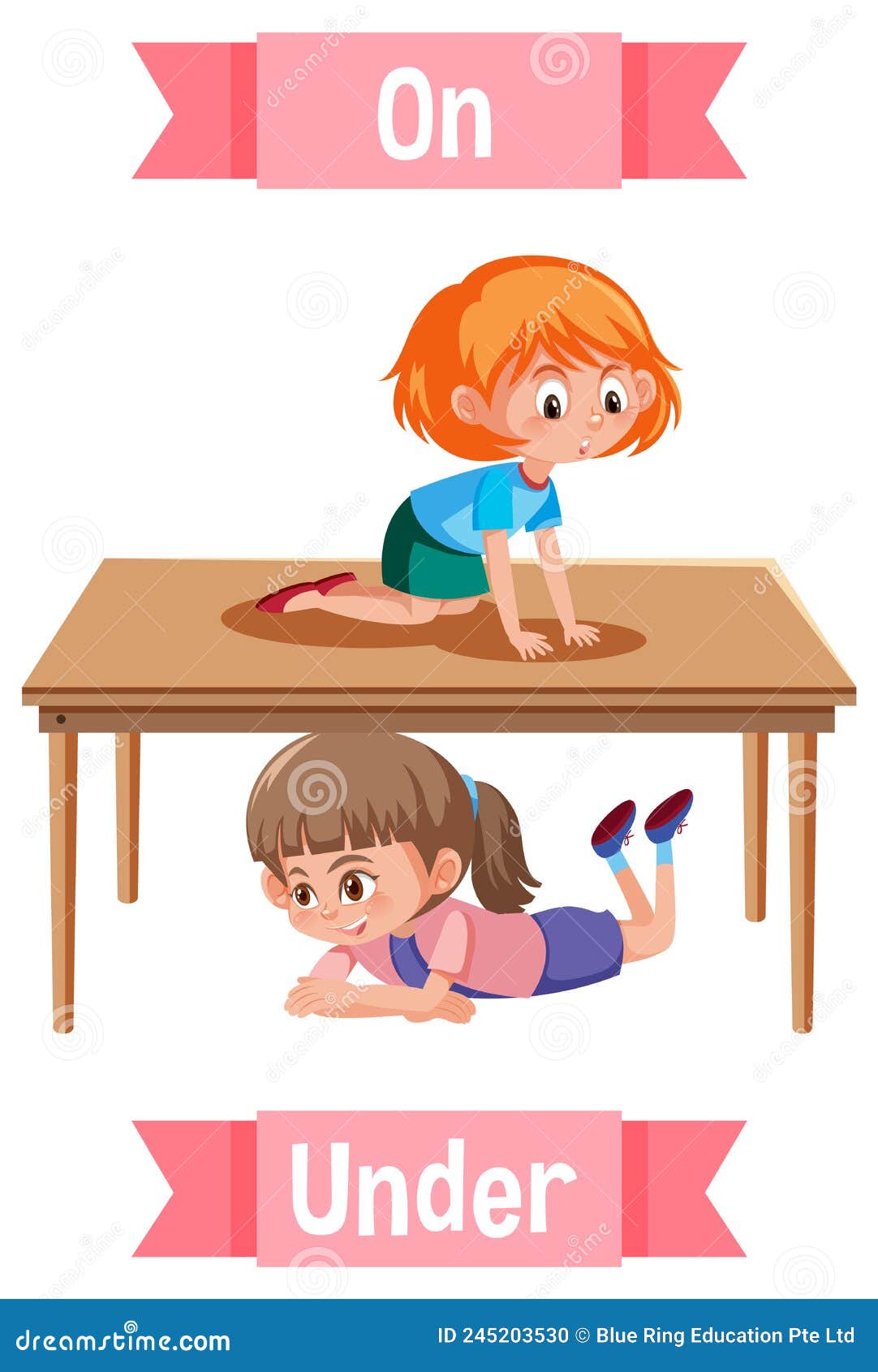 Words On And Under Flashcard With Cartoon Box And Apple. Opposite ...