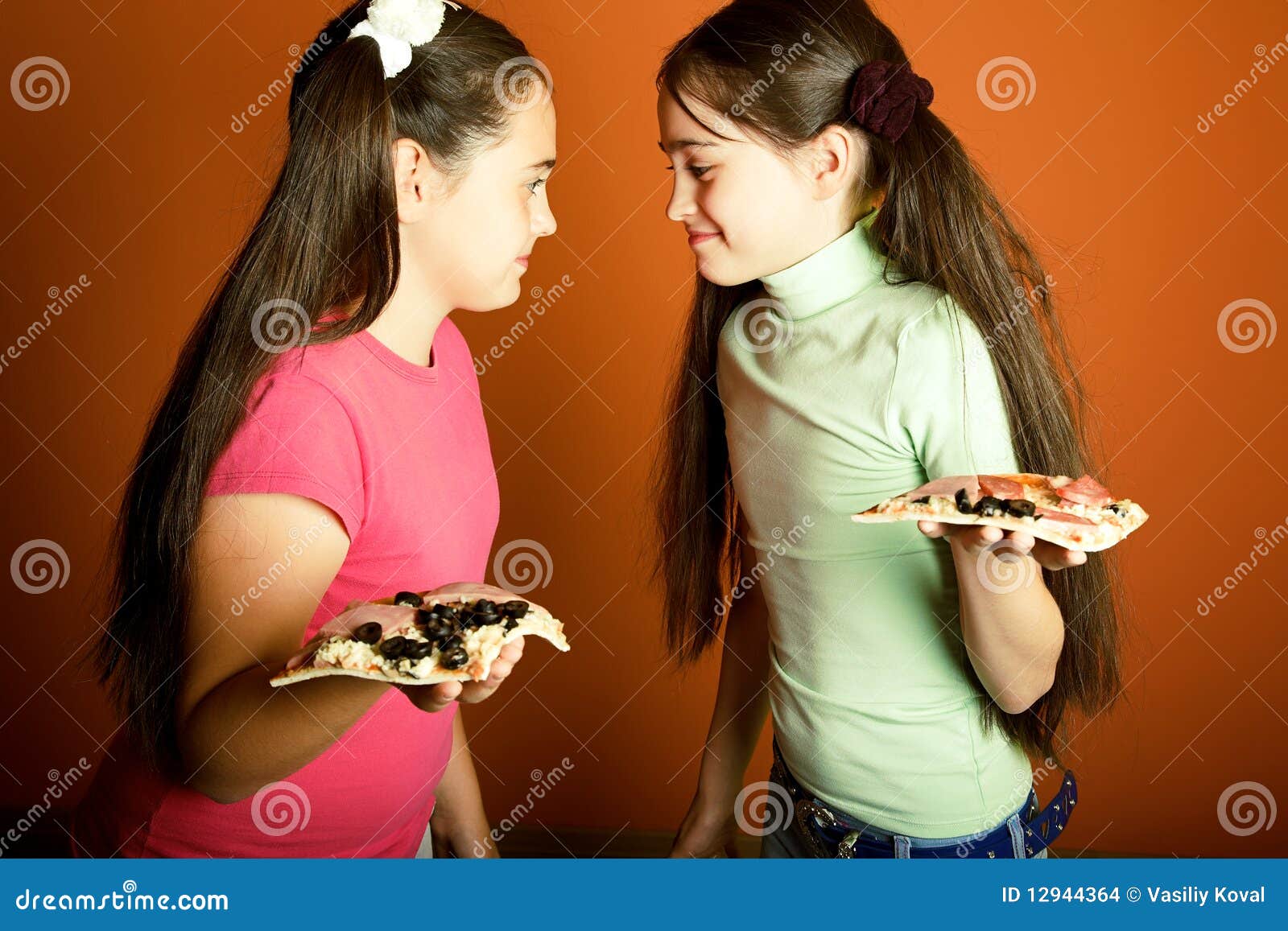 Opposite Funny Girls with Pizza Stock Photo - Image of lunch, hair ...