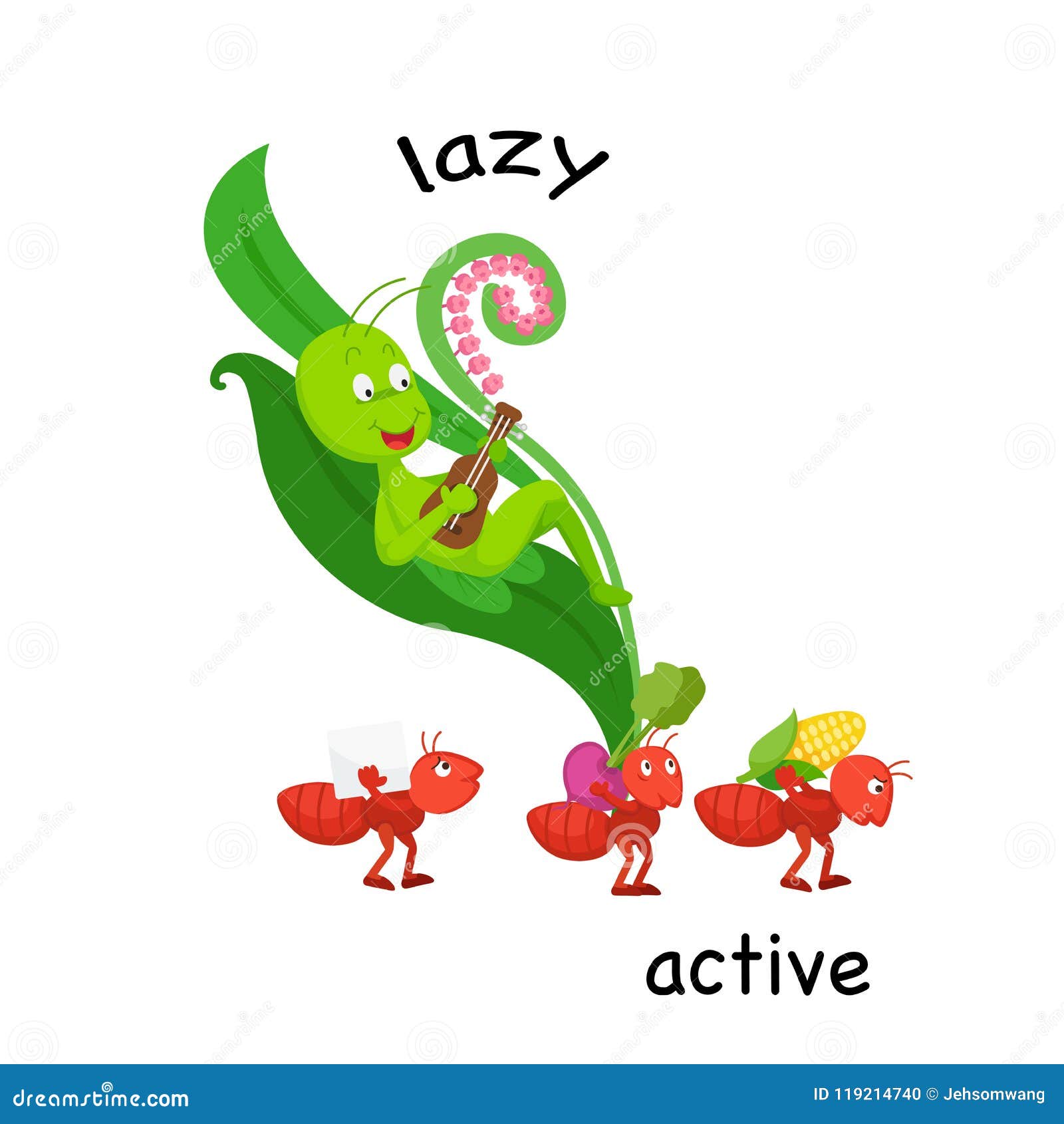 Opposite lazy and active stock vector. Illustration of school - 119214740
