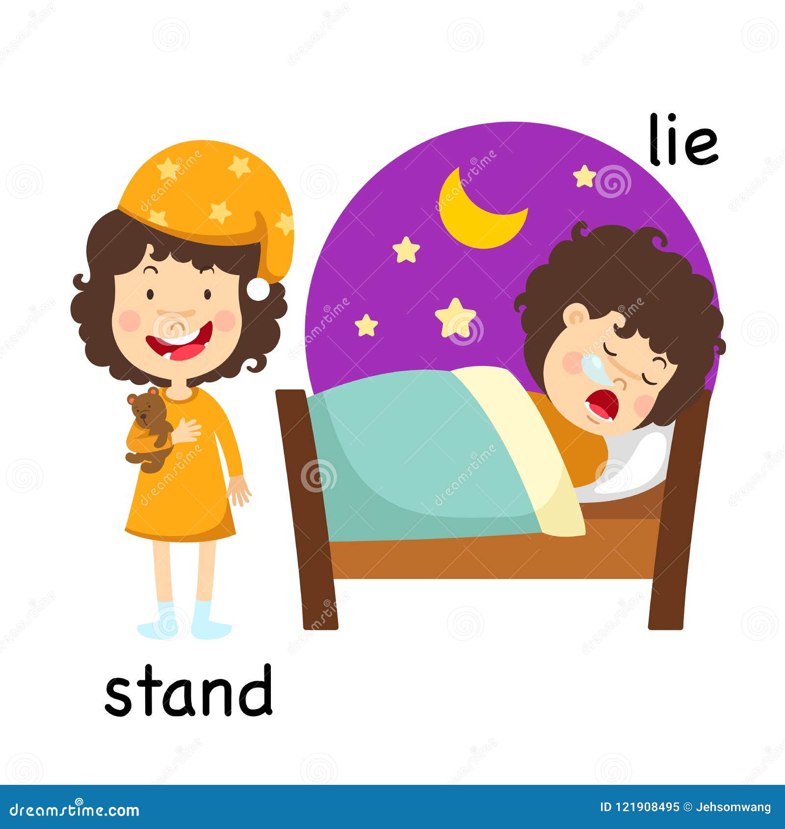 Opposite Sit And Stand, Words Antonym For Children With Cartoon ...