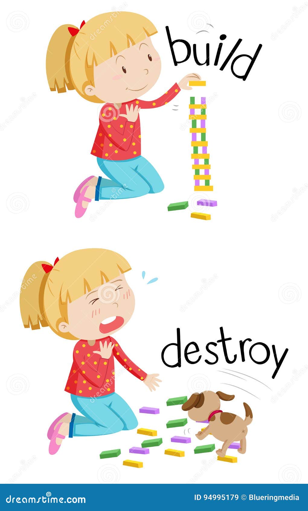 Words BUILD And DESTROY Textcard With Text Cartoon Characters. Opposite ...