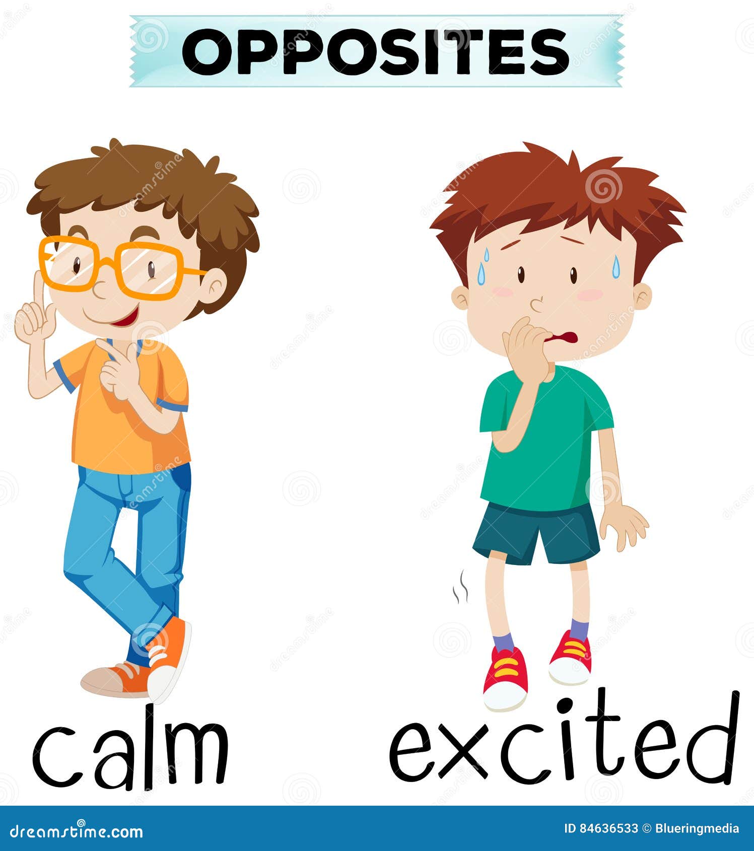 Words Excited And Calm Flashcard With Cartoon Characters. Opposite ...