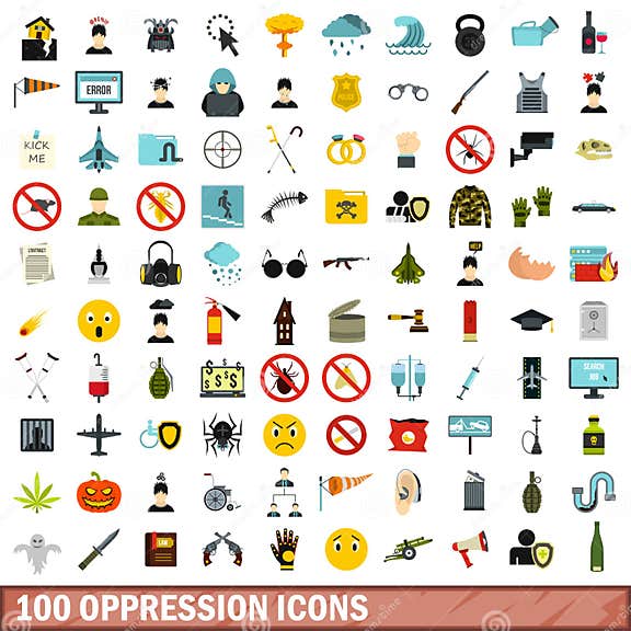 100 Oppression Icons Set, Flat Style Stock Vector - Illustration of ...