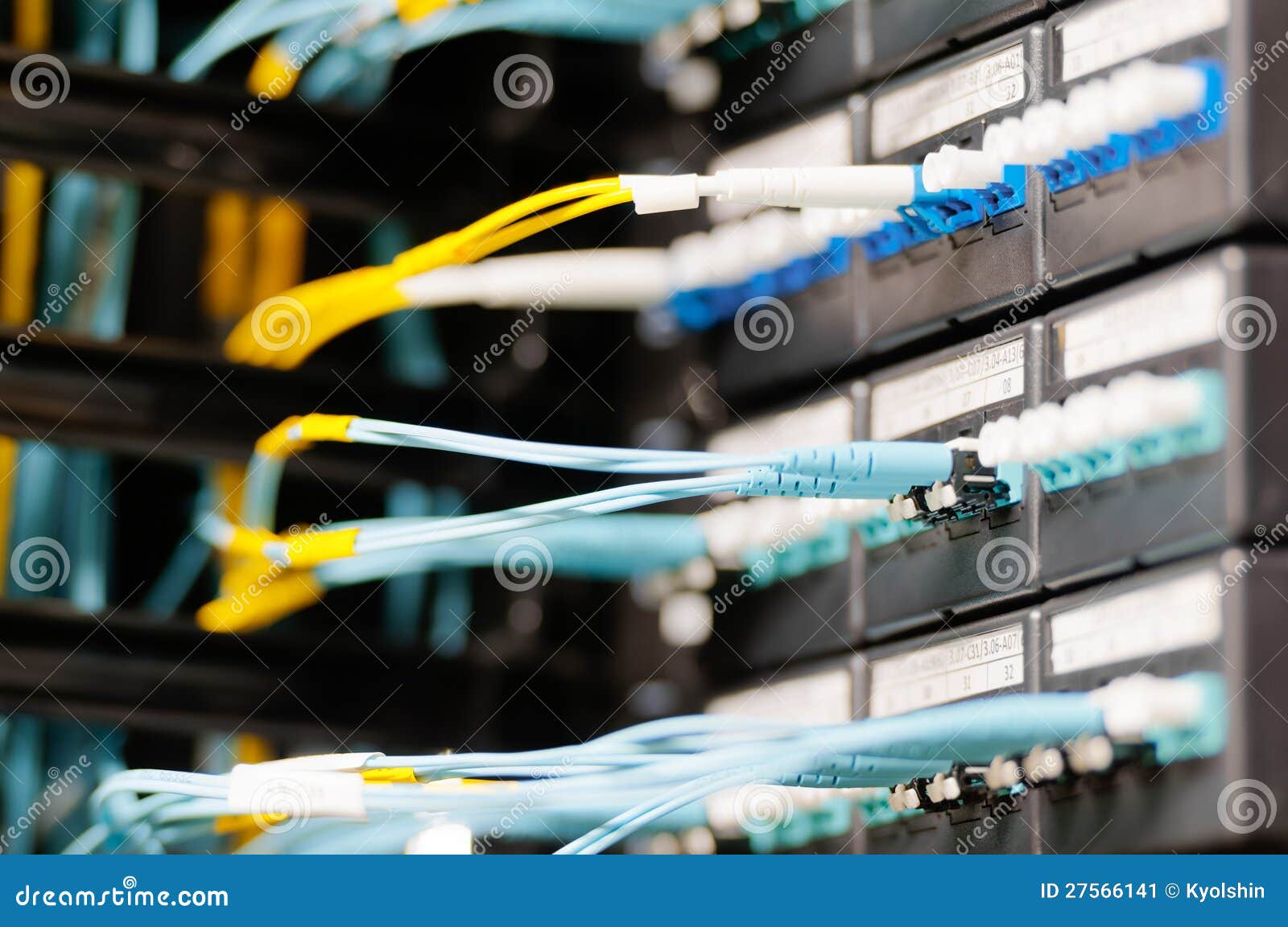 Optic Cables Connected To Panel in Server Room. Stock Image - Image of ...