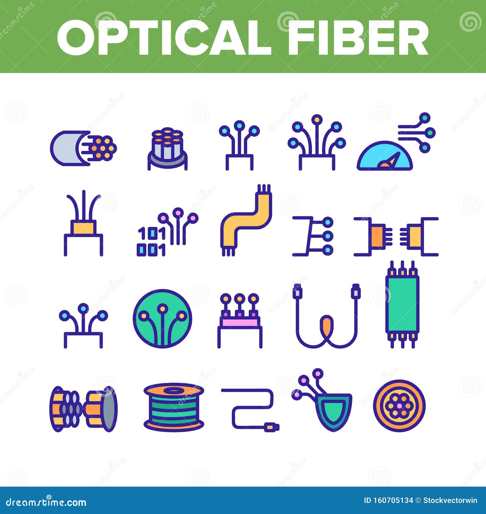 Optical Fiber Color Elements Icons Set Vector Stock Vector ...