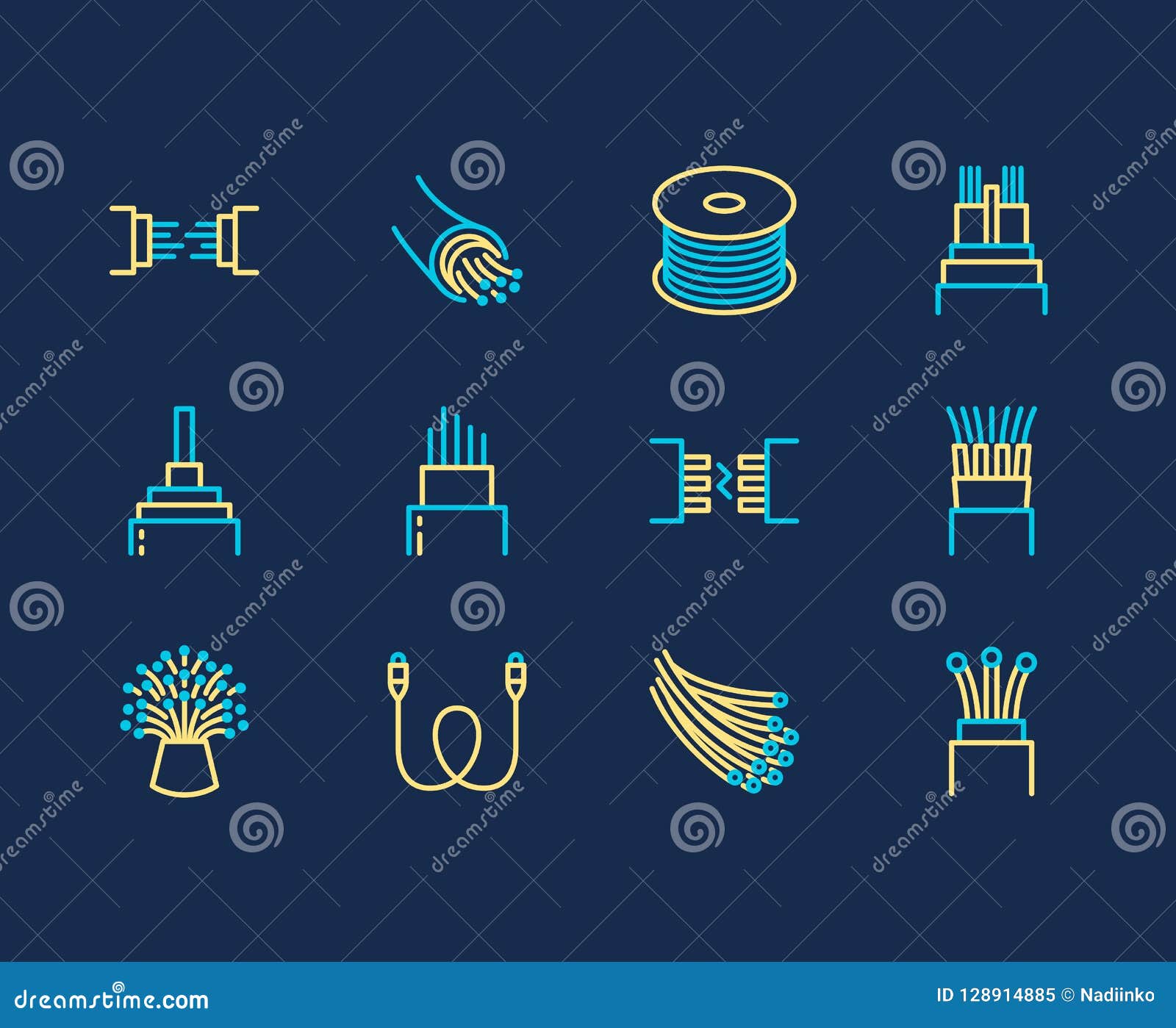 Optical Fiber Flat Line Vector Icons. Network Connection, Computer Wire ...