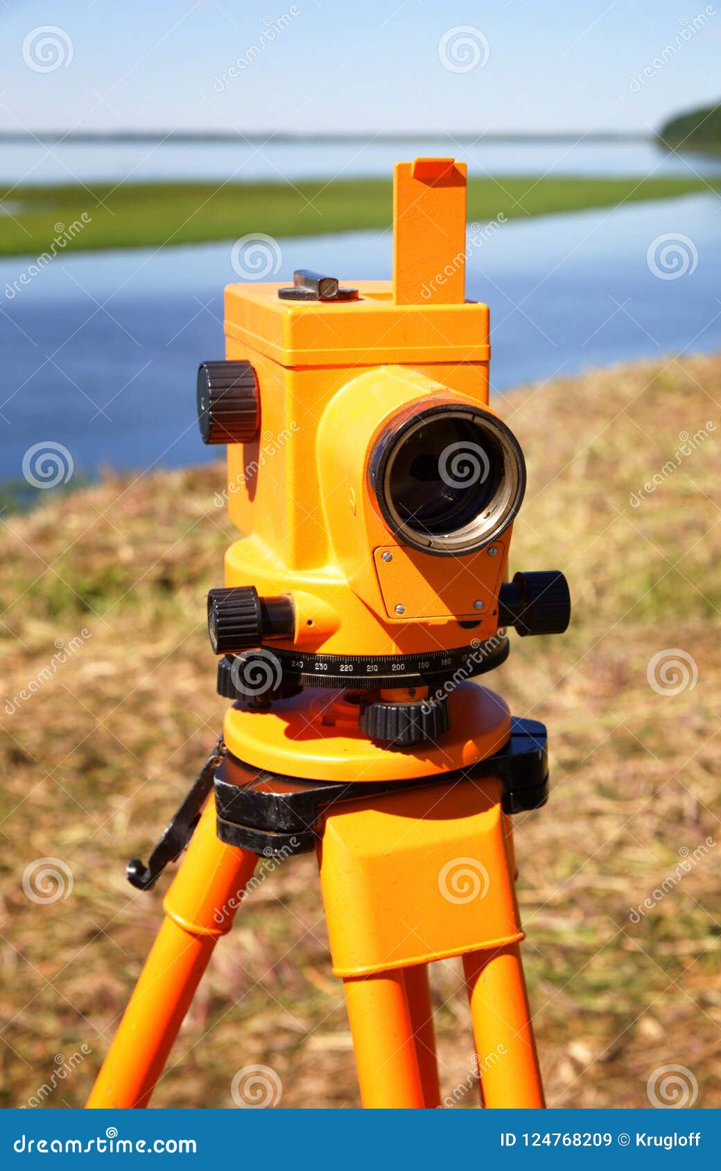 Optical Level Close-up Against the Background of a River Valley Stock ...