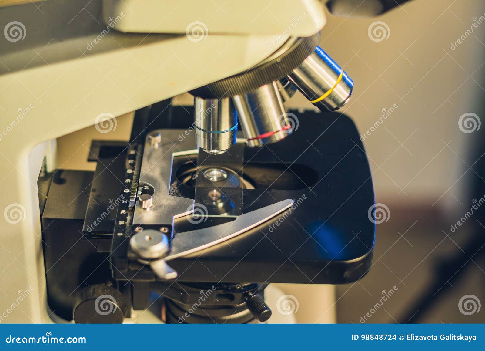 Optical Microscope with Four Different Objective Lenses Stock Photo ...
