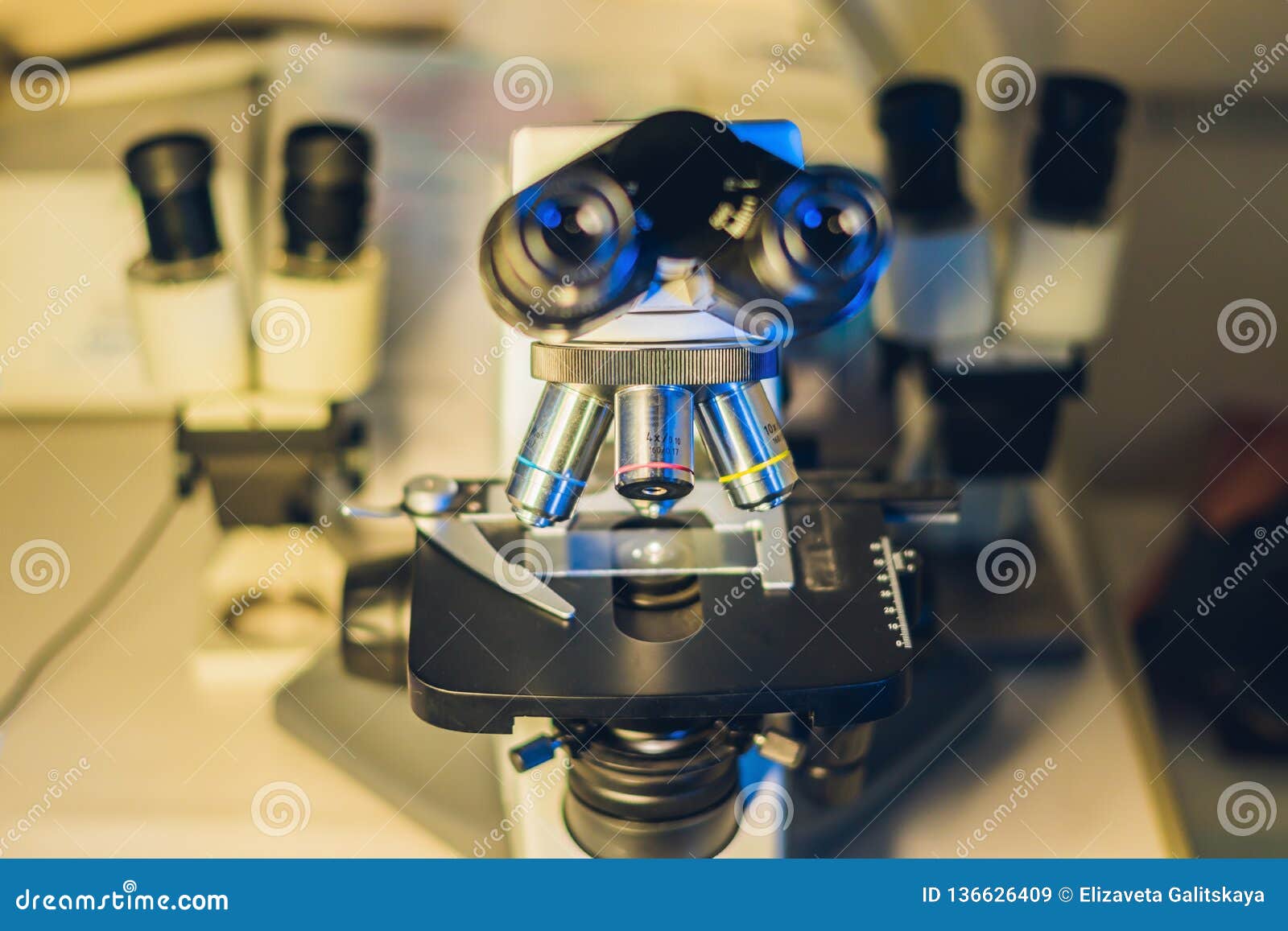 Optical Microscope with Four Different Objective Lenses Stock Image ...