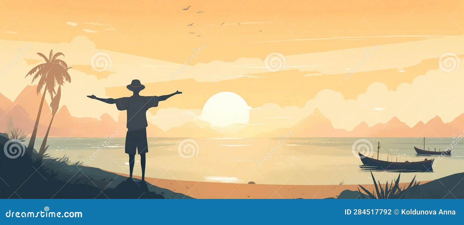 An Optimistic Man Standing in the Sun on the Beach , Concept of ...