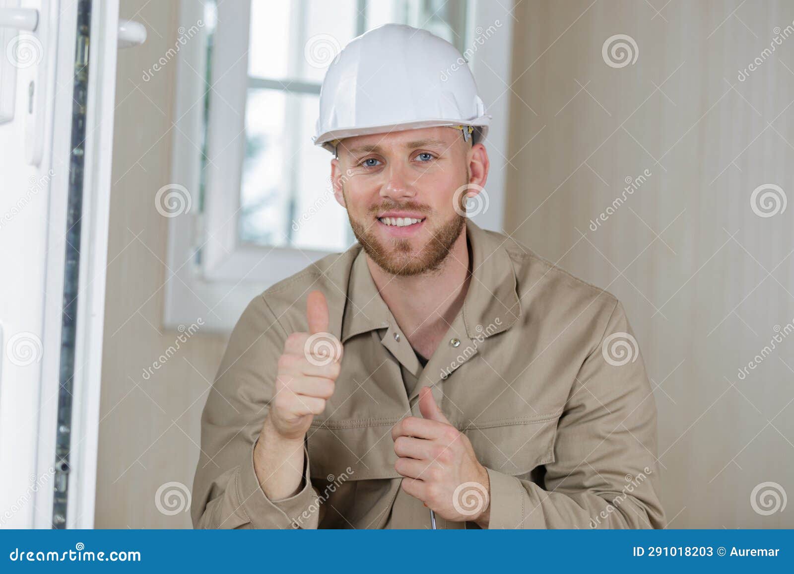 Optimistic Worker Shows Thumb Up Sign Stock Image - Image of person ...