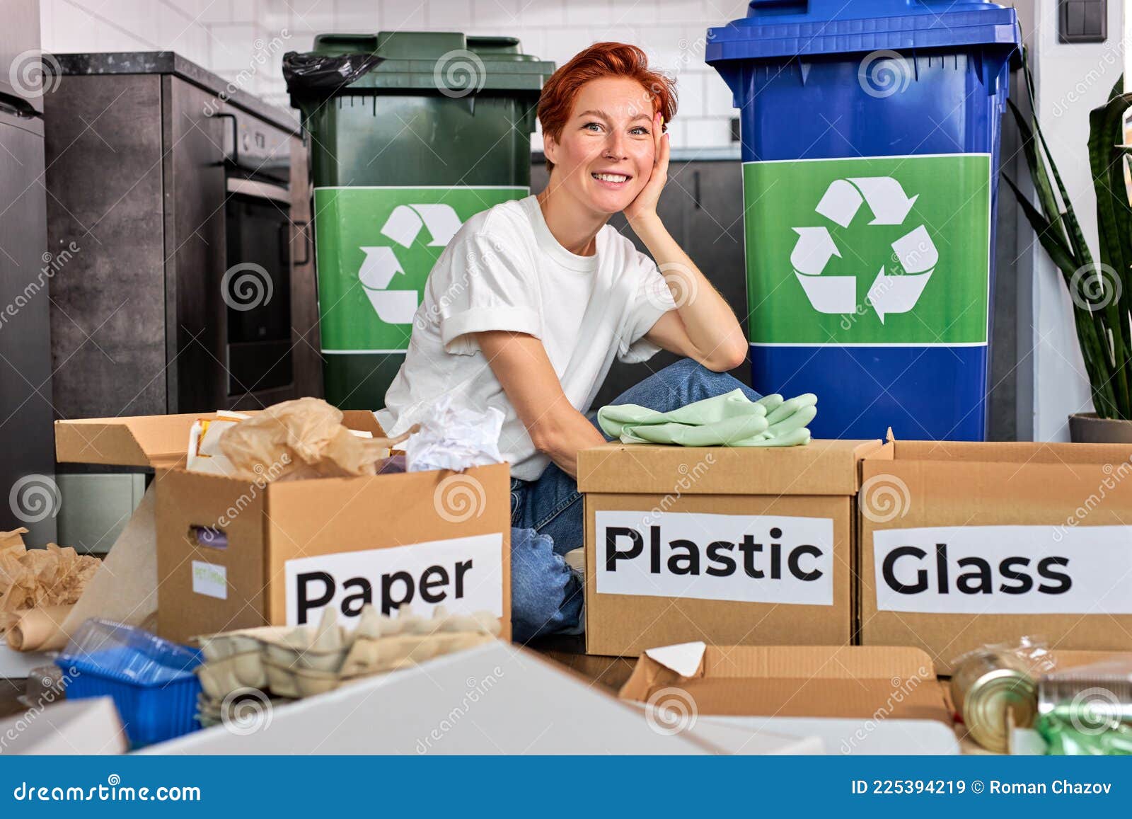 Optimistic Young Lady Sorting Waste, Using Containers with Different ...