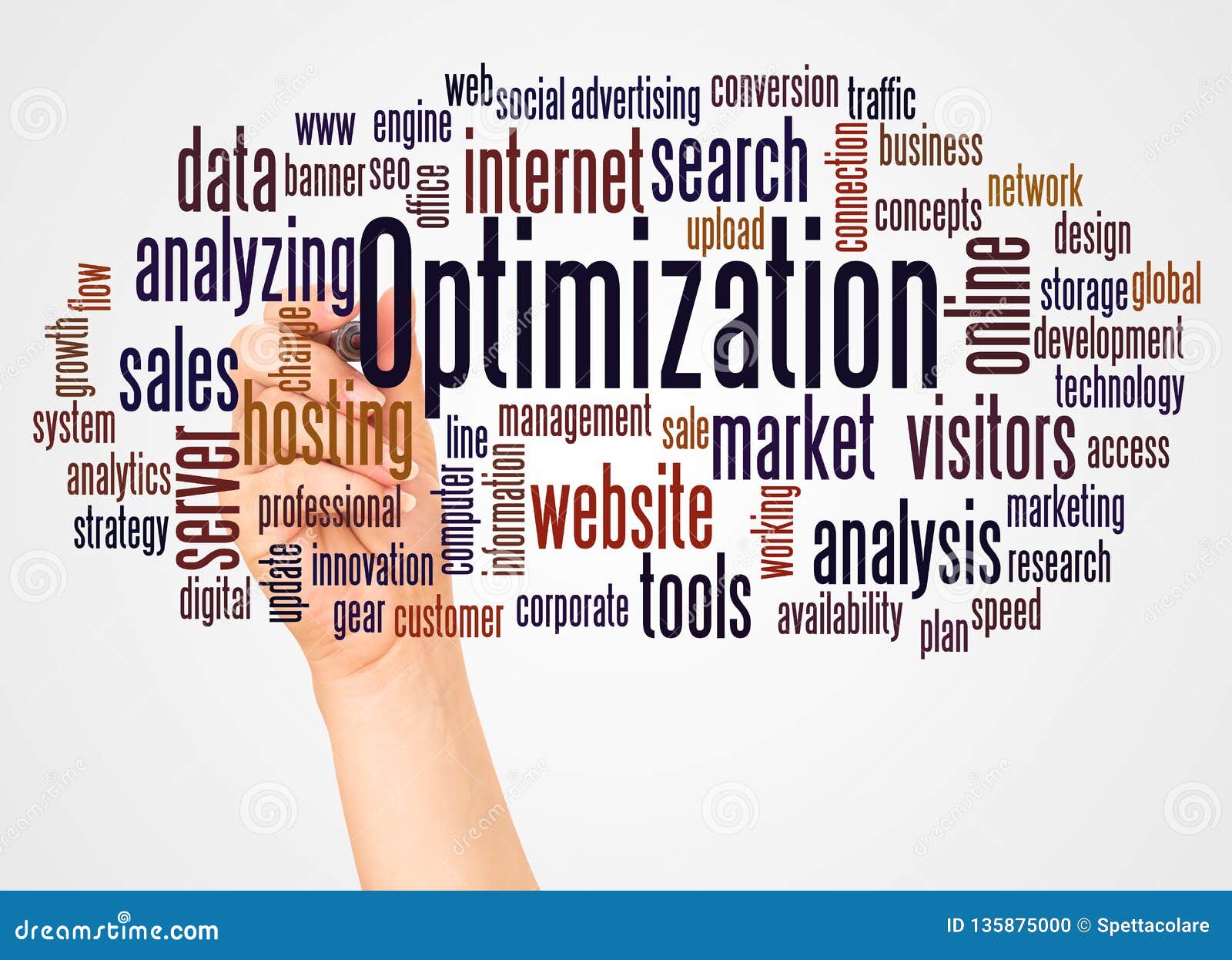 Optimization Word Cloud and Hand with Marker Concept Stock Photo ...