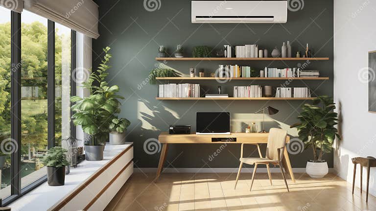 Optimized Work Nook. Home Office with Cooling System, Table, Desktop ...