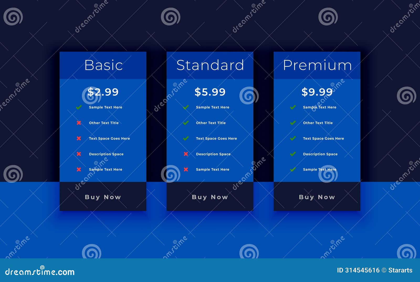 3 Option Pricing Checklist Layout for Web Comparison Stock Vector ...