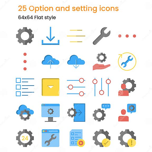 Option and Setting Icons. 64x64 Flat Style Stock Vector - Illustration ...