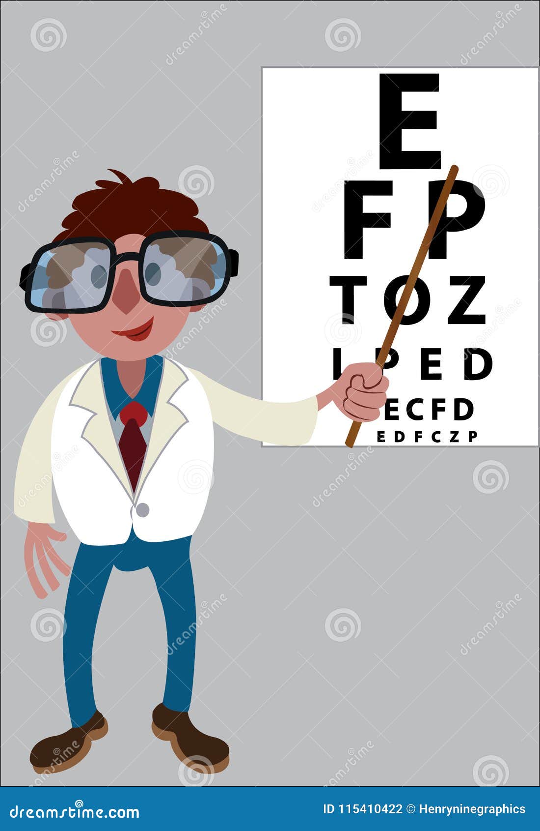 Optometrist Points To The Table For Testing Visual Acuity. Cartoon ...