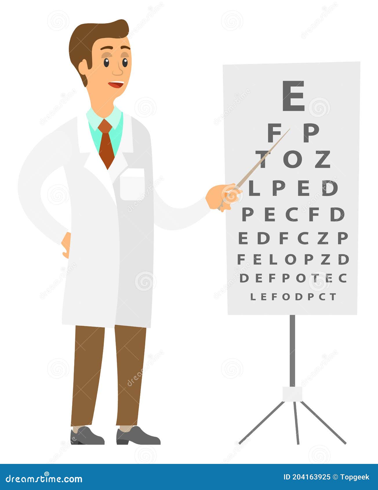 Optometrist Points To The Table For Testing Visual Acuity. Cartoon ...