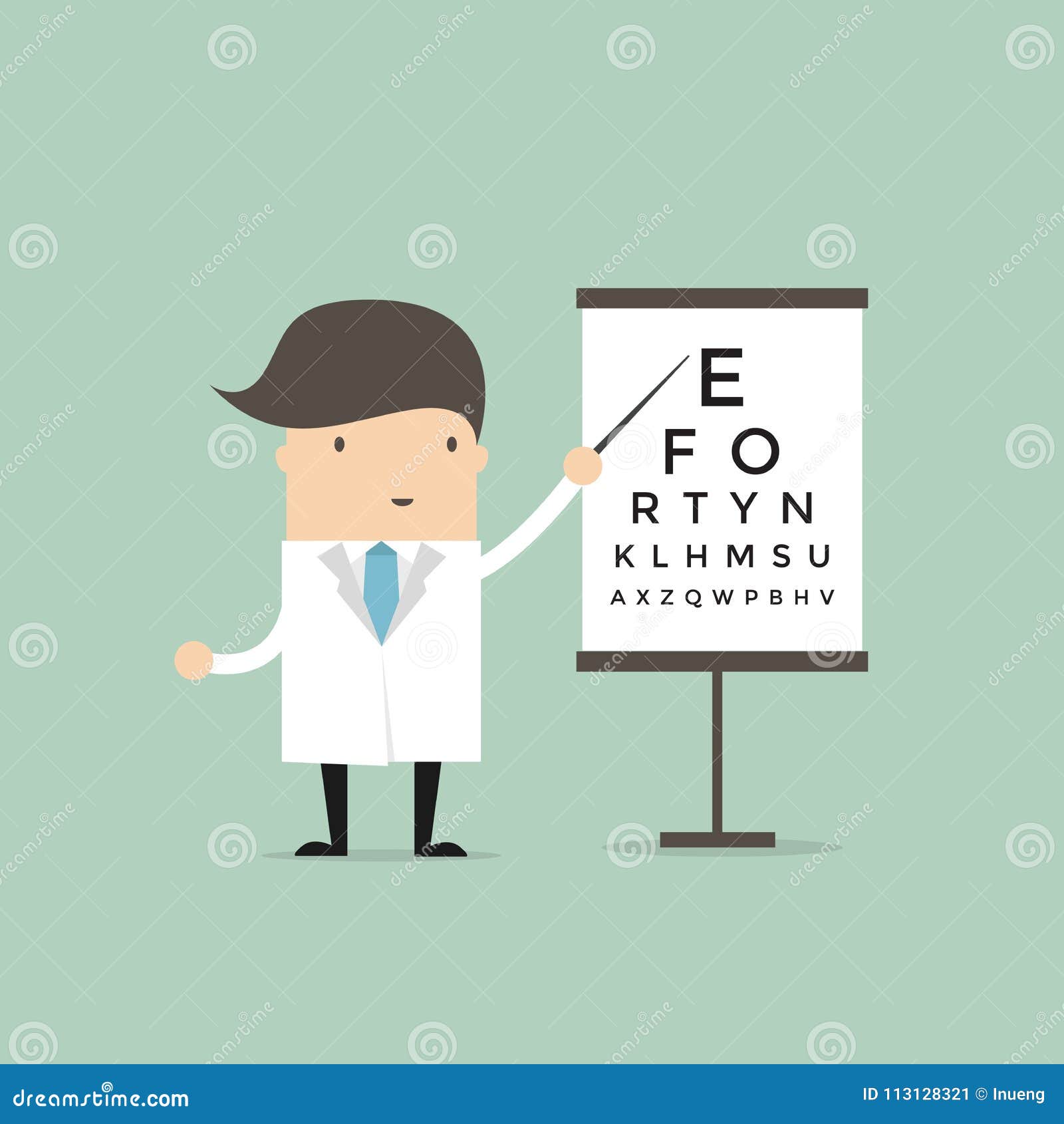 Optometrist Points To The Table For Testing Visual Acuity. Cartoon ...