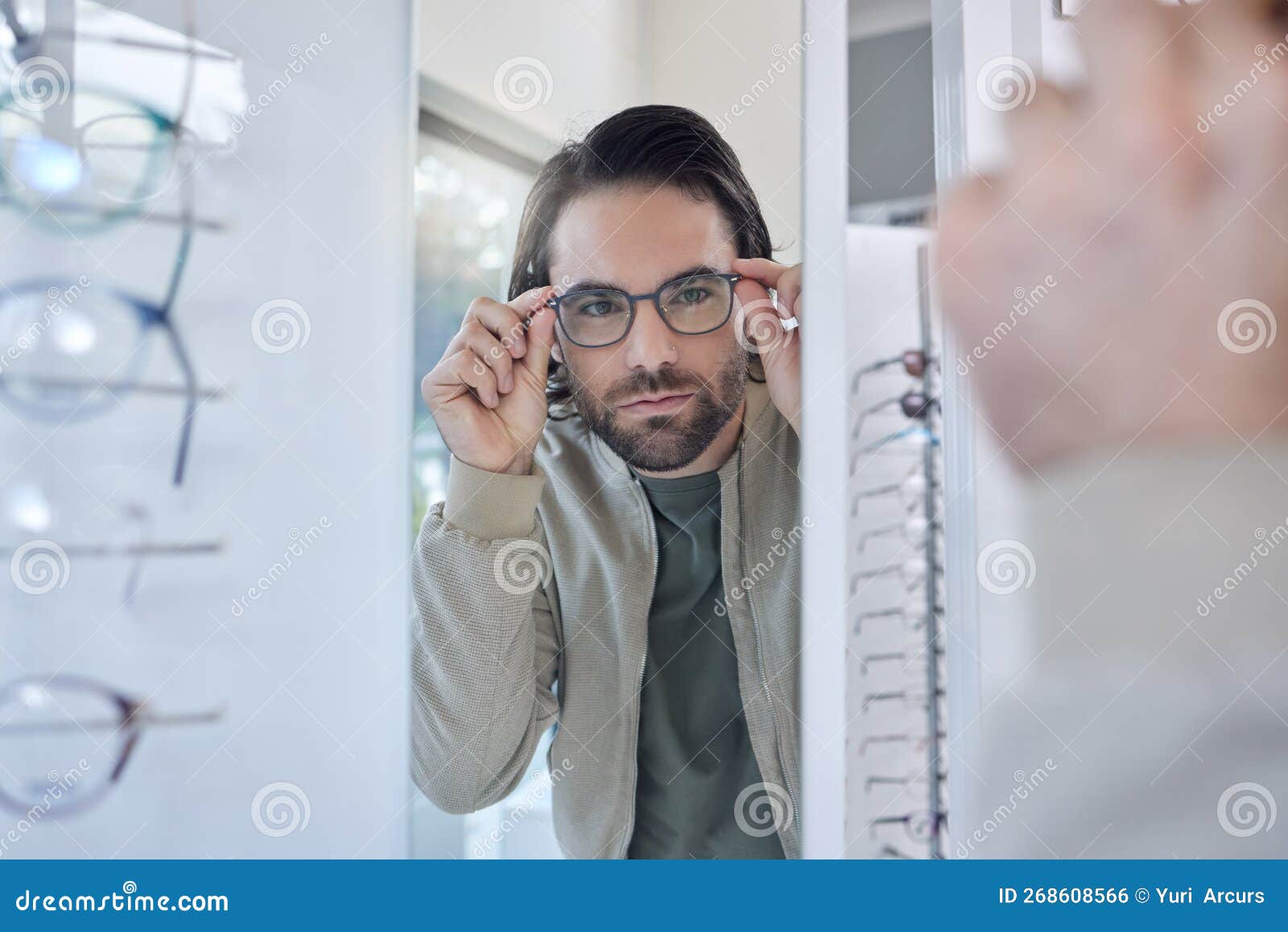 Optometry, Glasses Choice and Man Check Mirror for Vision, Eye Care and ...