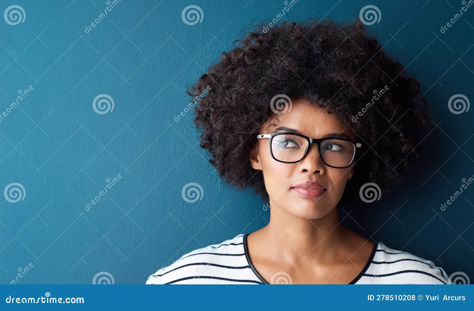 Optometry, Thinking and Woman with Spectacles in a Studio with ...