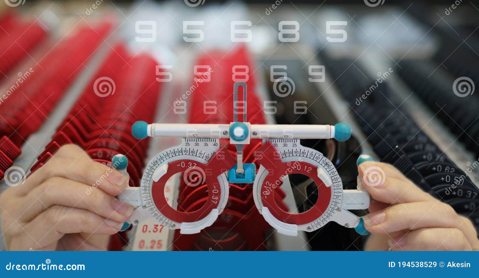 Optometry Trial Frame with Background of Eye Examination Chart Stock ...